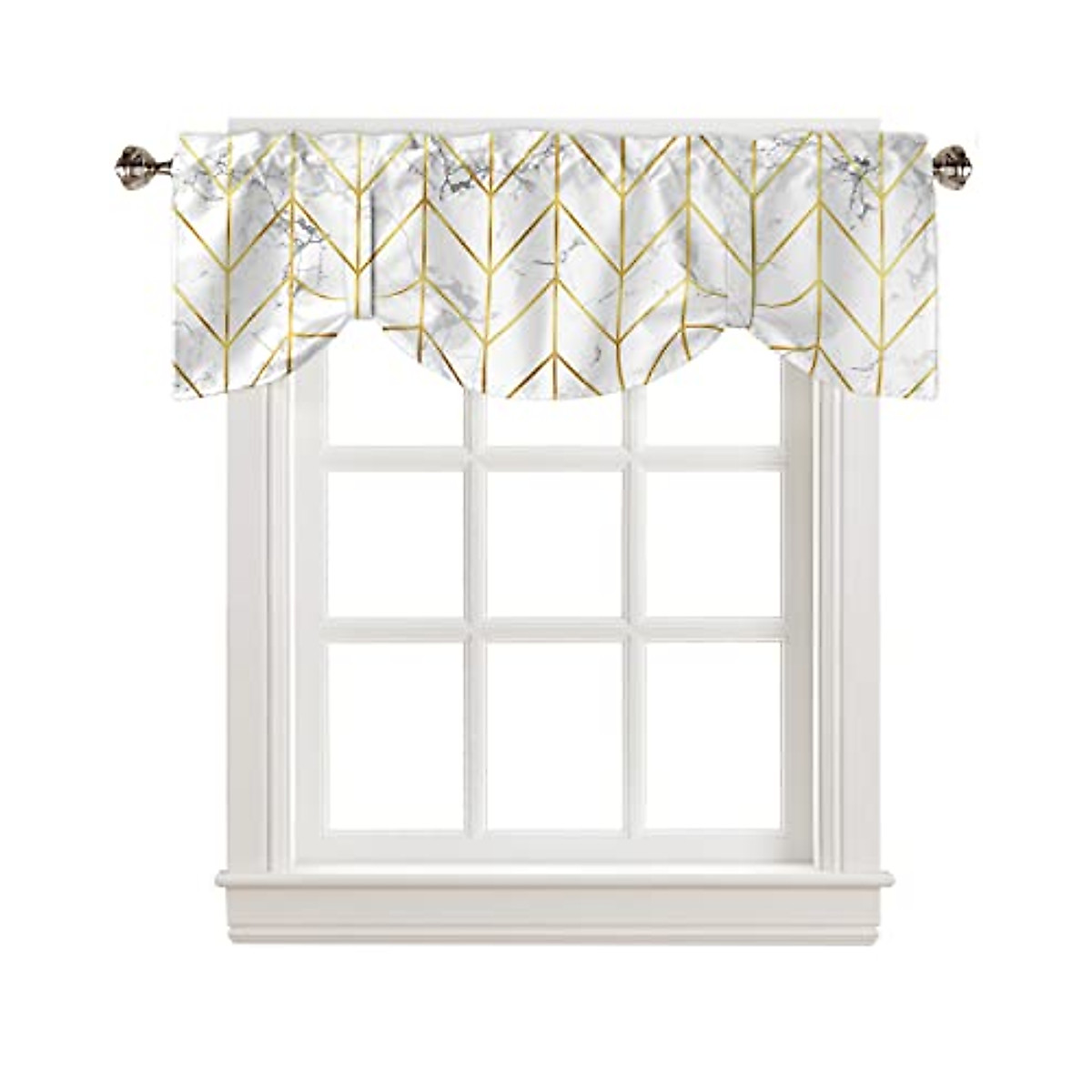 Tie Up Curtain Valance for Kitchen,White Marble Gold Stripes Geometric Window Valances Adjustable Tie-up Shade Valance,Abstract Herringbone Chevron Zigzag Rod Pocket Short Curtains Bathroom 42x18in