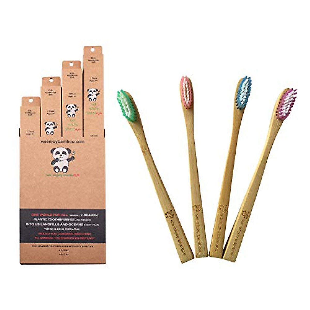 Natural Organic Eco Friendly Bamboo Toothbrush KIDS SOFT Nylon Bristles, BPA Free, Promote Responsible Dental Care (4- Pack)