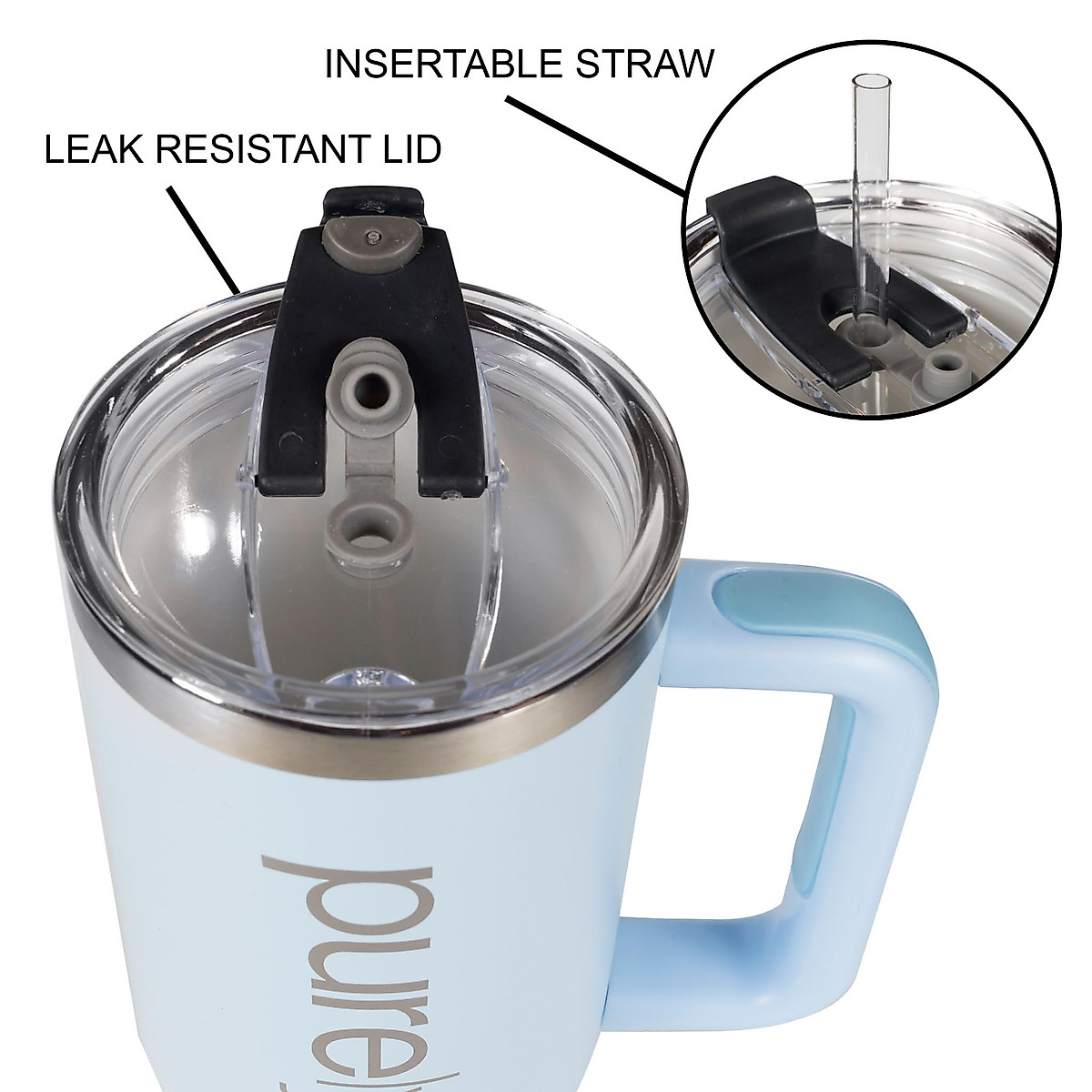 PURELY 40 oz Ceramic Lined Insulated Tumbler with Handle, Leak Resistant 2-way Lid and Straw, Ceramic Lined Travel Mug (Blue, 40oz)