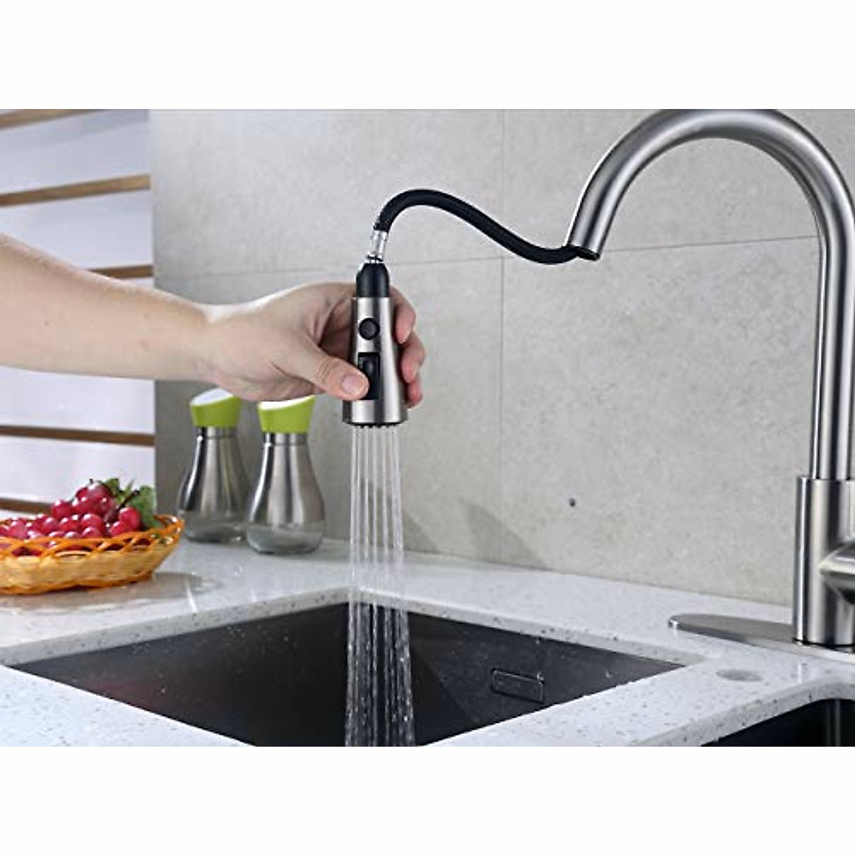 Single Handle High Arc Pull Out Brushed Nickel Kitchen Faucet, Single Level Stainless Steel Kitchen Sink Faucets with Pull Down Sprayer, KNACK