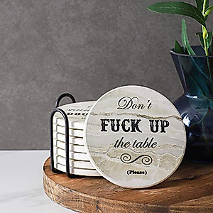LIFVER Funny Coasters for Drinks with Holder, Set of 8 Marble Style Absorbent Drink Coasters with Cork Base, House Warming Gifts New Home, Perfect for Home Decor, Bar Coaster with 4 Sayings, 4 inch