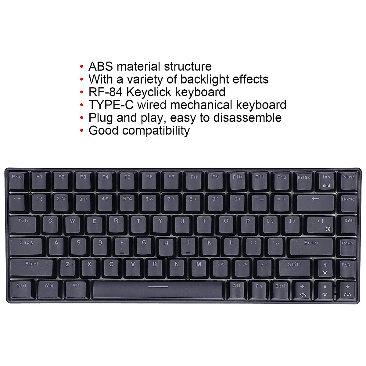 ASHATA TypeC Wired Gaming Keyboard, Portable 84 Keys Type‑C Backlight Gaming/Office Keyboard for PC/Laptop, Blue Switch (Black Blue axis Mixed Light)