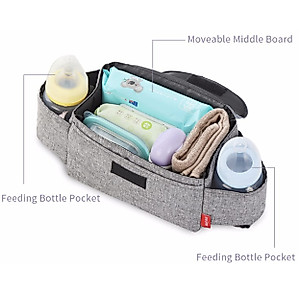 Universal Stroller Caddy, Stroller Organizer Featuring 6 Built-In Pockets, Adjustable Straps To Fit Nearly Any Stroller Active (Gray)