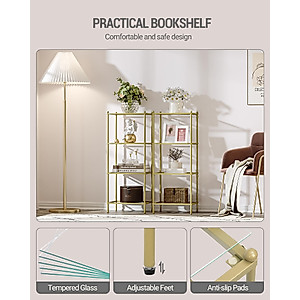 Hzuaneri Bookcase Bookshelf with LED Lighting, Tempered Glass Bookshelves, 8 Levels of Brightness and 20 Colors, Slim Shelving Unit for Bedroom Bathroom, Home Office, Steel Frame, 5 Tier Gold BC23599A