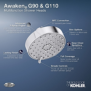 KOHLER 72419-G-2MB Awaken G110 Three-Function Showerhead, Wall-Mount, 3 Spray Settings, 1.75 GPM, Vibrant Brushed Moderne Brass