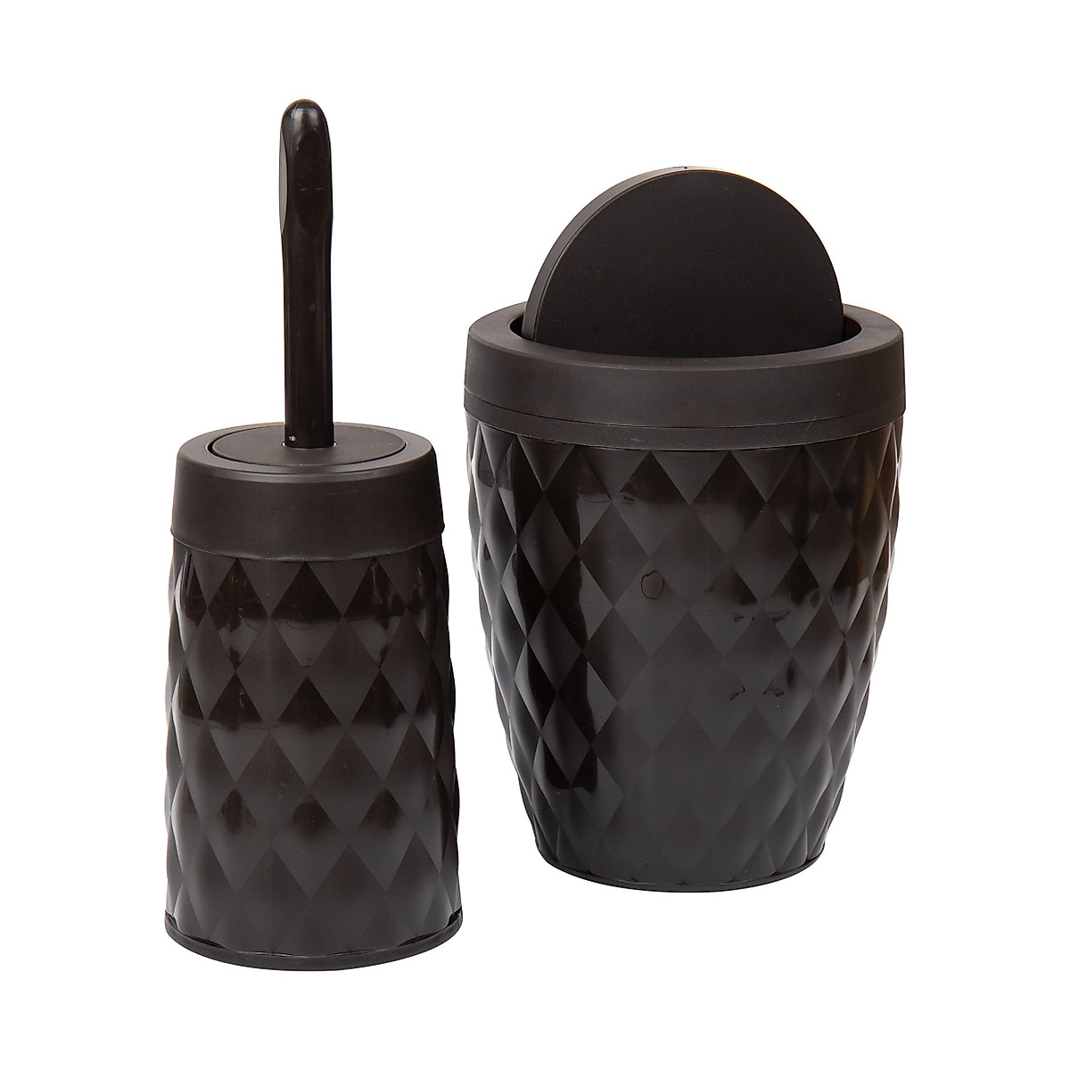Mind Reader Basket Collection, Round Wastepaper Basket with Swivel Lid and Toilet Brush Set, Bathroom, 2 Piece Set, Bin is 8.75"W x 11.25"H and the brush is 15.25" H, 8.75"L x 8.75"W x 11.25"H, Brown