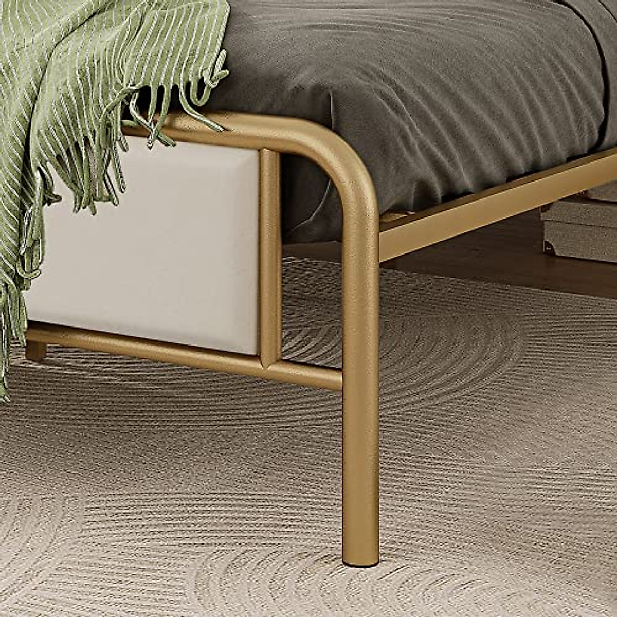 Hasuit Queen Size Bed Frame with Tufted Upholstered Oval Headboard, Heavy Duty Golden Metal Bed Frame Metal with Wooden Slats, Easy Assembly, No Box Spring Needed