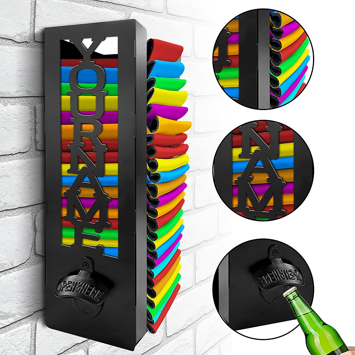 Qingxily Custom Can Cooler Holder Wall Mounted with Bottle Opener Personalized Beer Can Sleeves Storage Organizer Customized Cooler Dispenser with Name for Home Bar