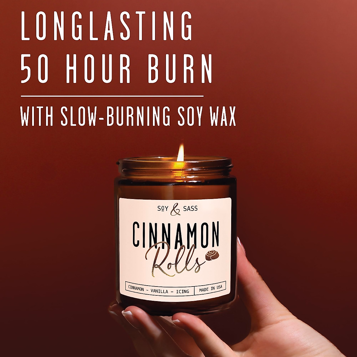 Cinnamon Candle, Fall Candles, Christmas Candles - 'Cinnamon Rolls' Autumn Scented Soy Candles for Home, 9oz Reusable Jar, 50Hr Burn, Made in USA