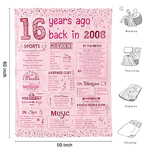 Sweet 16 Birthday Gifts for Girls 16th Birthday Decorations Big Sister Gifts for Little Girls Sweet 16 Gift Ideas for Daughter Sister Bestie Soft Throw Blanket Back in 2008-60x50 Inch - Pink