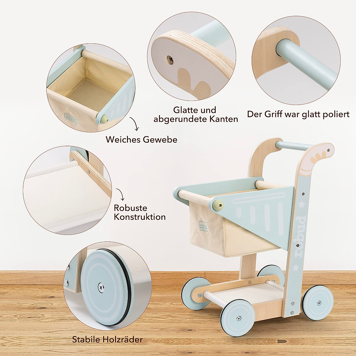 ROBUD Wooden Baby Walker for Girls Boys, Wooden Shopping Cart for Kids Toddlers, Learning Walker Toys for 10 Months 1 Year Old