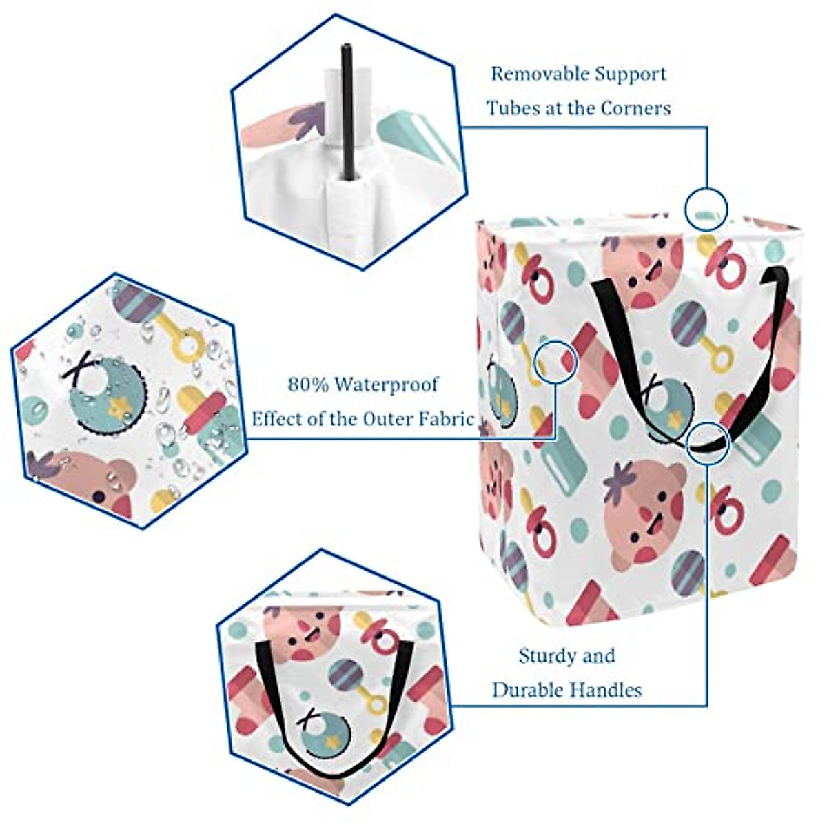 Baby and Bottle Toyes Sock Print Collapsible Laundry Hamper, 60L Waterproof Laundry Baskets Washing Bin Clothes Toys Storage for Dorm Bathroom Bedroom