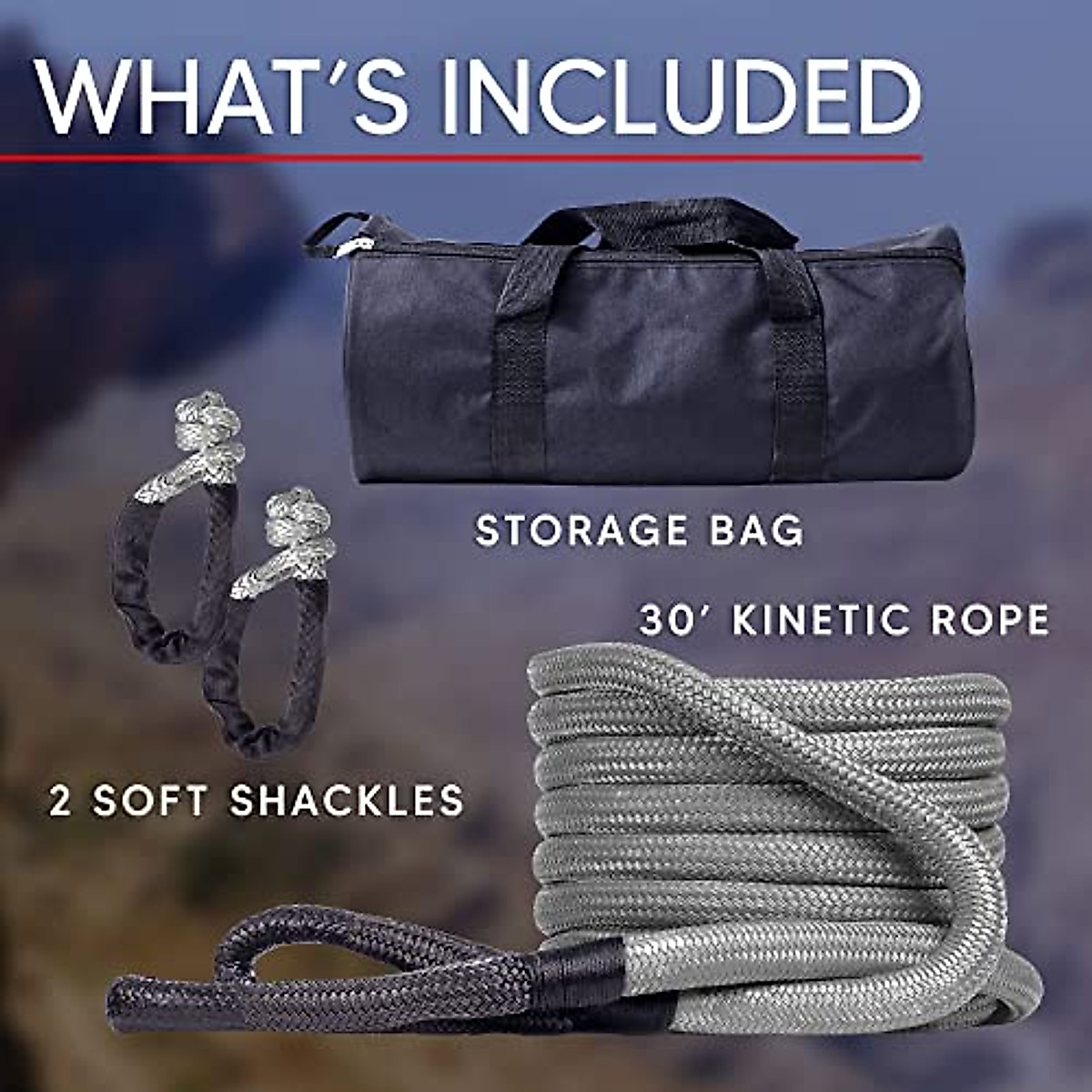 Terruva 1” x 30ft Kinetic Recovery Rope Kit - Recovery Rope - Kinetic Rope - Kinetic Tow Rope - Kinetic Rope Recovery - Perfect for ATV SUV UTV - Includes 2 Soft Shackles & Storage Bag