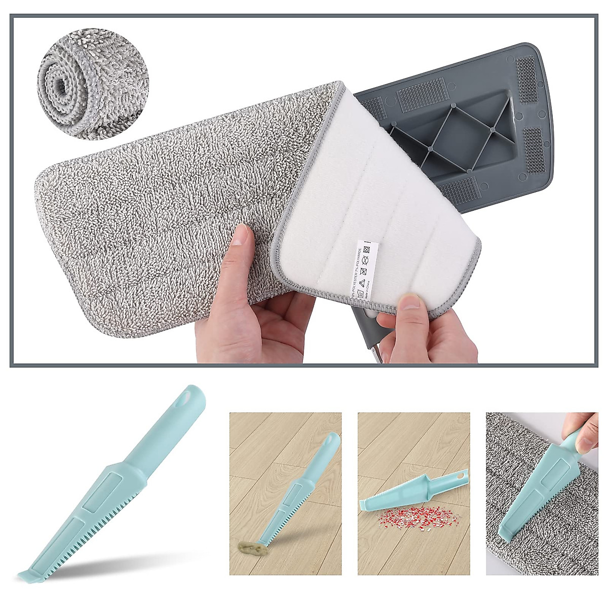 Floor Mop with 4 Washable Pads and Scrubber, Wet Mop with 360 Degree Swivel Head, High-Strength Stainless Steel Metal Rod, Microfiber Mop for Hardwood Laminate Wood Tile Cleaning