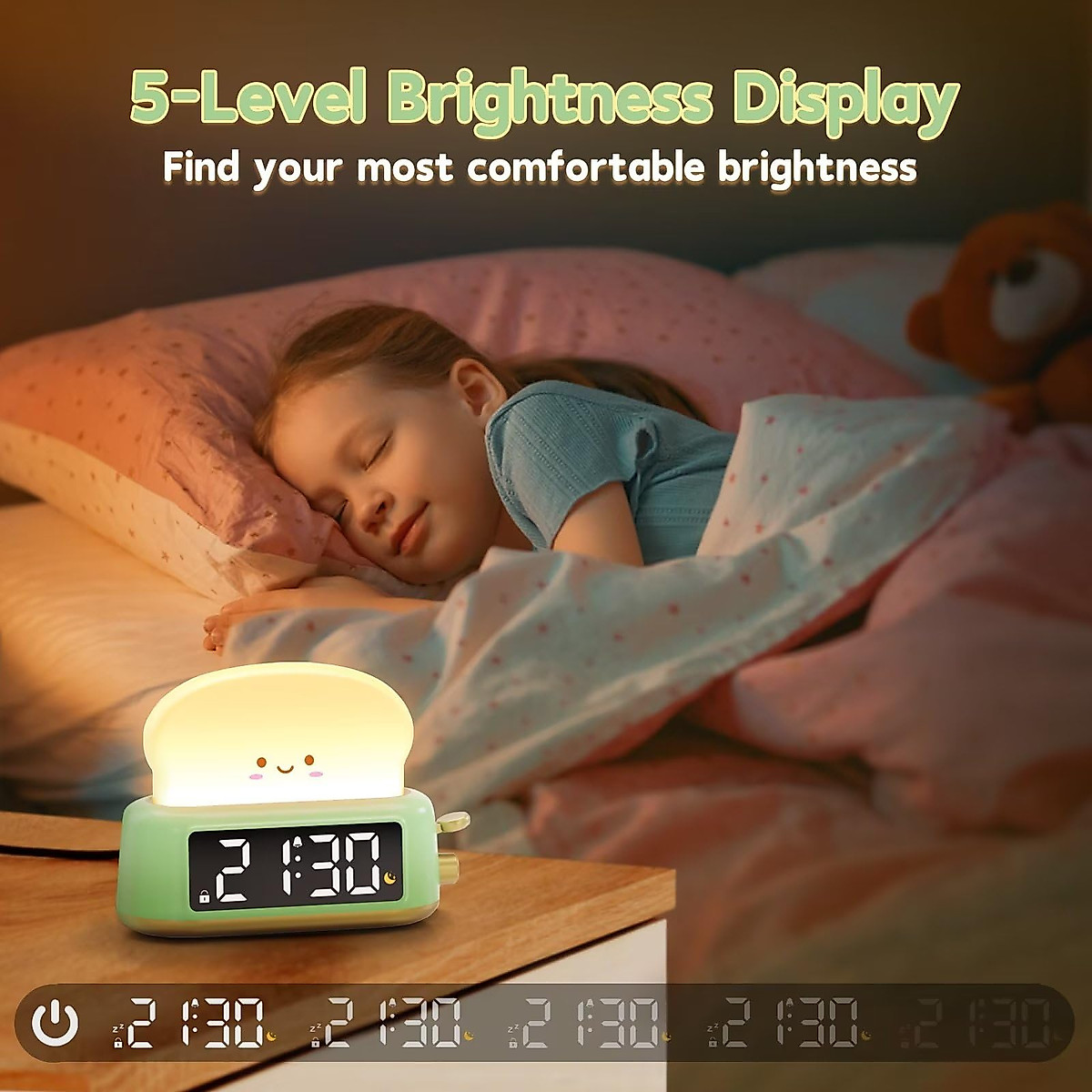 Kids Alarm Clock, Digital Alarm Clock for Bedrooms, Cute Toast Night Light, Timer, Snooze, Adjustable Brightness, Small Bedside Clock for Kids Girls Boys Teens Birthday Room Decor