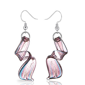 BESHEEK Handmade Murano Inspired Gorgeous Artist Made Pink Purple Blue Twist Glass Dangle Earrings | Handcrafted Blown Hypoallergenic Artisan Lampwork Italian Style Jewelry (Twist)