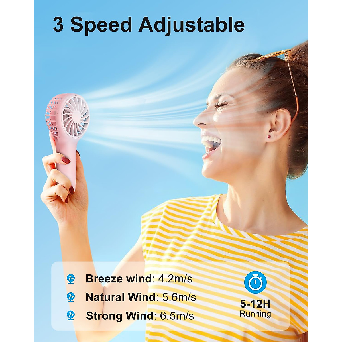 Zuvas Mini Portable Fan Rechargeable Small Handheld Fan 3 Speed Powerful Personal Fan Battery Operated USB Hand Fan for Outdoor Travel Makeup Eyelash Girls Children, Pink