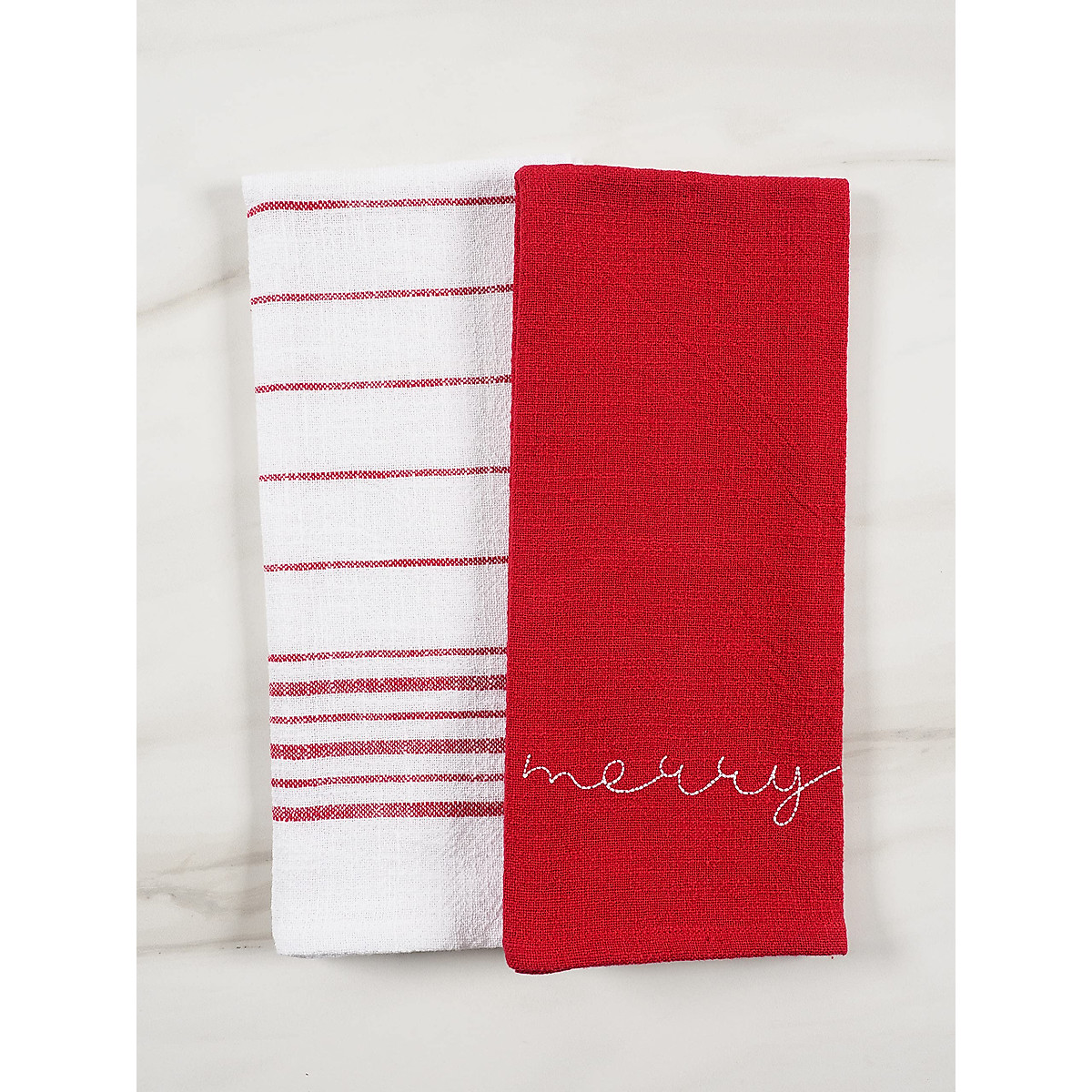 KAF Home Embroidered Holiday Kitchen Towels - Set of 4-100% Cotton, Enzyme Washed Slub, 18" x 28" (Merry)