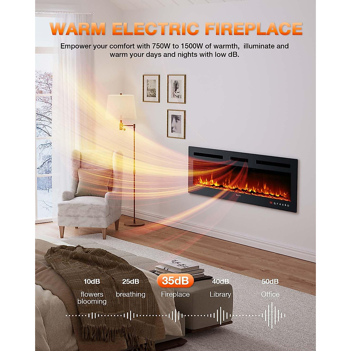 VISVEIL Electric Fireplace 50Inch,Realistic Flame Electric Fireplace Heater,Log Set/Crystal Flames 750-1500W with Timer Inserts/Wall Mounted/TV Stand Touch Screen & Remote