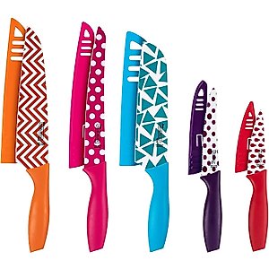 MICHELANGELO Kitchen Knife Set, 10 Piece with Nonstick Colored Coating, Sharp Stainless Steel Kitchen Knife Set, 5 Patterned Knives & 5 Sheath Covers