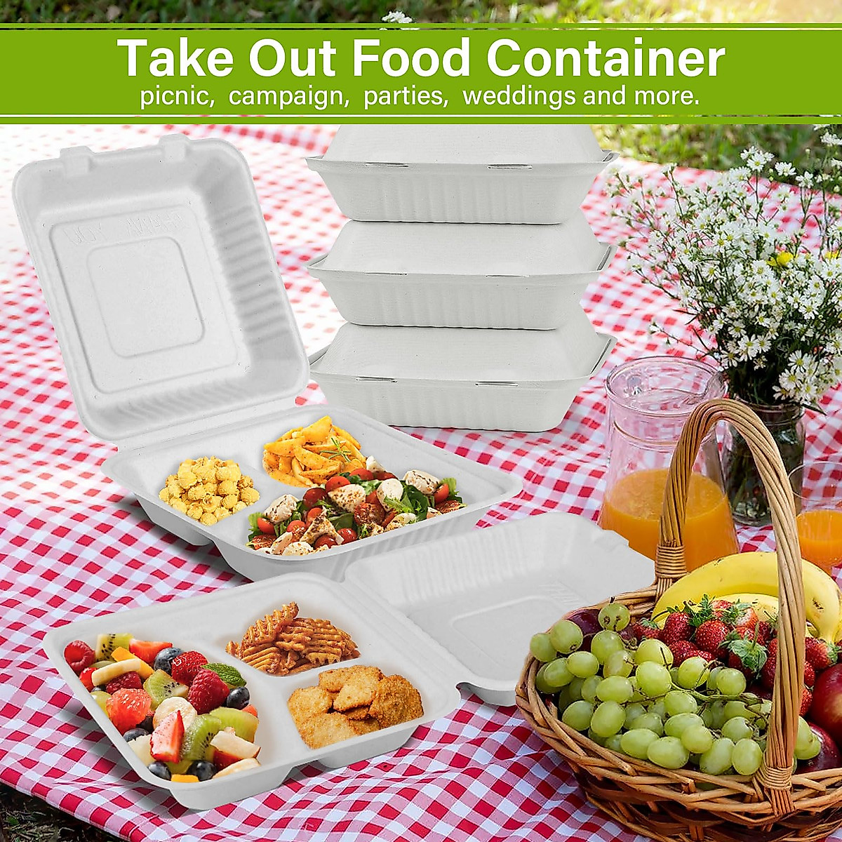 greensight Compostable Take Out Food Container 8X8, 100 Pack 3 Compartment Clamshell Food Container, Disposable To Go Food Boxes, Biodegradable Food Containers Made of White Sugar Cane Fibers