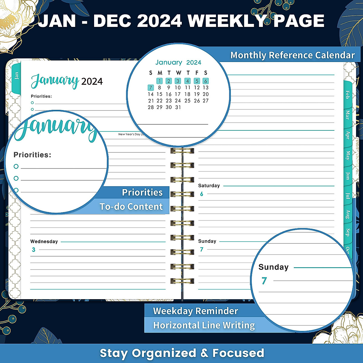 2024 Planner - Planner 2024, 2024 Planner Weekly and Monthly, Jan 2024 - Dec 2024, 6.4" x 8.5", 2024 Calendar Planner with Monthly Tabs, Back Pocket, Holidays, Thick Paper, Twin-Wire Binding