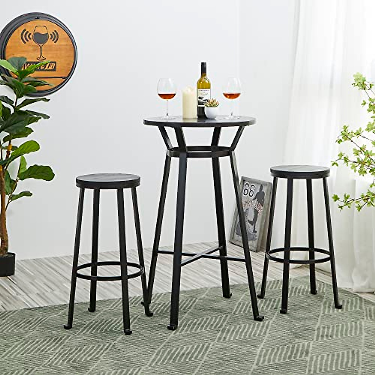 glitzhome 41.25" H Black Steel Round Bar Table with Soild Elm Wood Top Dining Room Pub Table Furniture