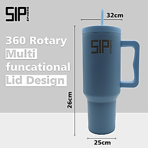 SIP SPHERE 40oz, Travel Mug, Insulated Thermal Mug, 2 Straw Tumbler, Reusable Coffee Mug, Drinking Glass, Tumbler Cup for Coffee, Tea, Whiskey, Juice (Baby Blue)