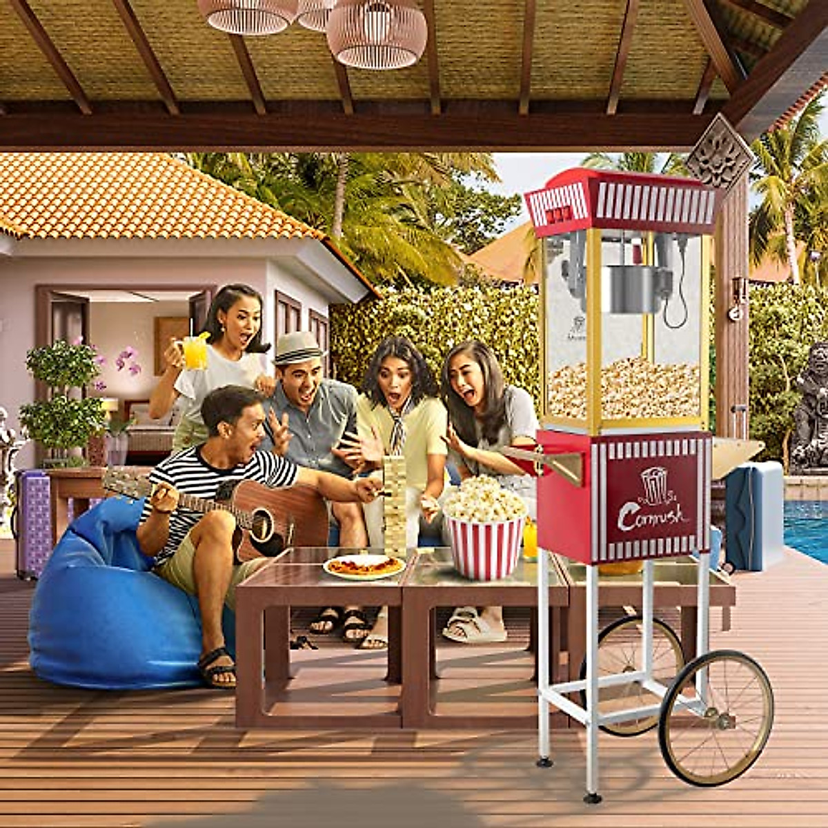 Cornrush Popcorn Maker Professional Cart Retro Classic Popcorn Popper Machine 8 Ounce with Nonstick Kettle for Home Use, Party and Birthday Gift, Red