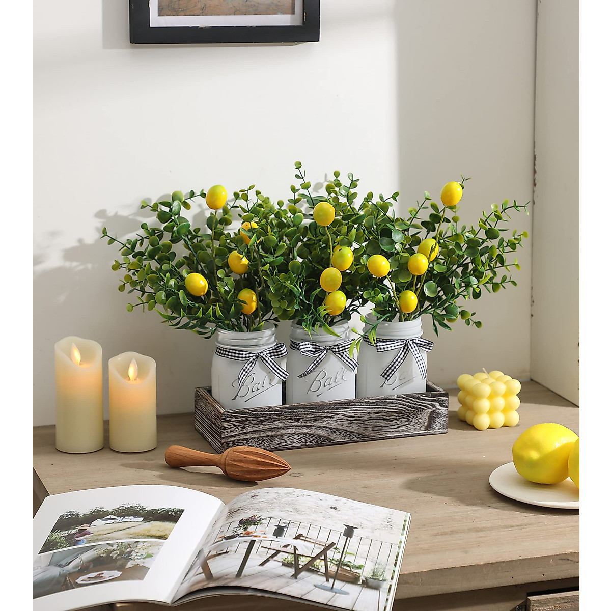 Lemon Mason Jars Centerpiece for Table, Wood Tray with 3 Painted Jars, Dining Coffee Table Centerpiece For Kitchen, Living Room, Spring Mason Jar Decor with Lemon