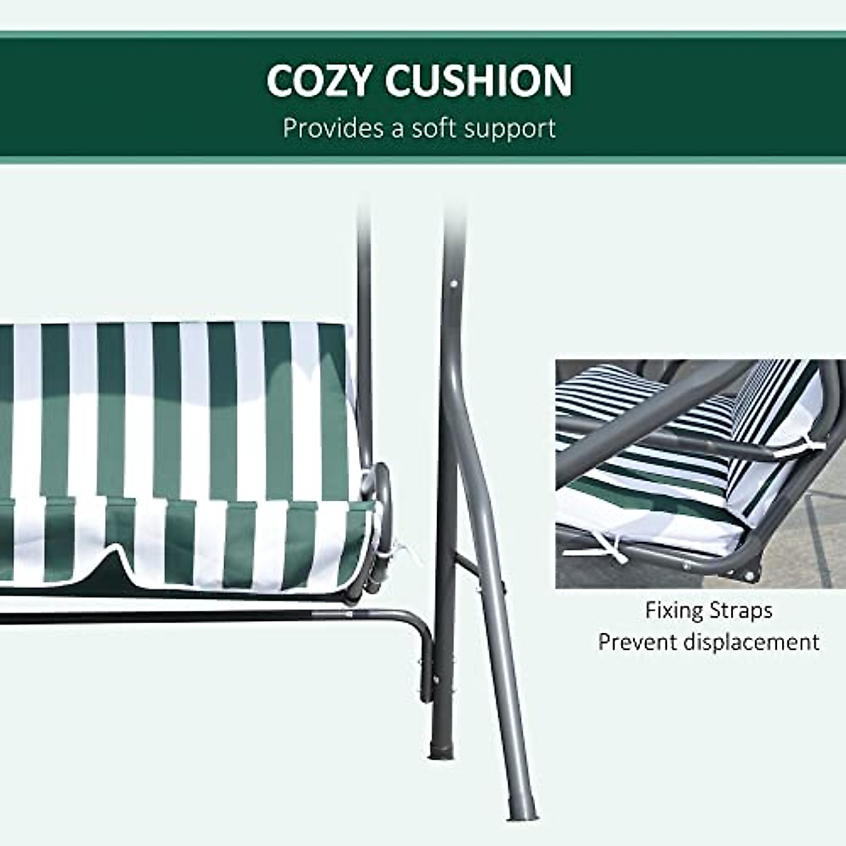 Outsunny 3-Person Porch Swing with Canopy, Patio Swing Chair, Outdoor Canopy Swing Bench with Adjustable Shade, Cushion and Steel Frame, Green