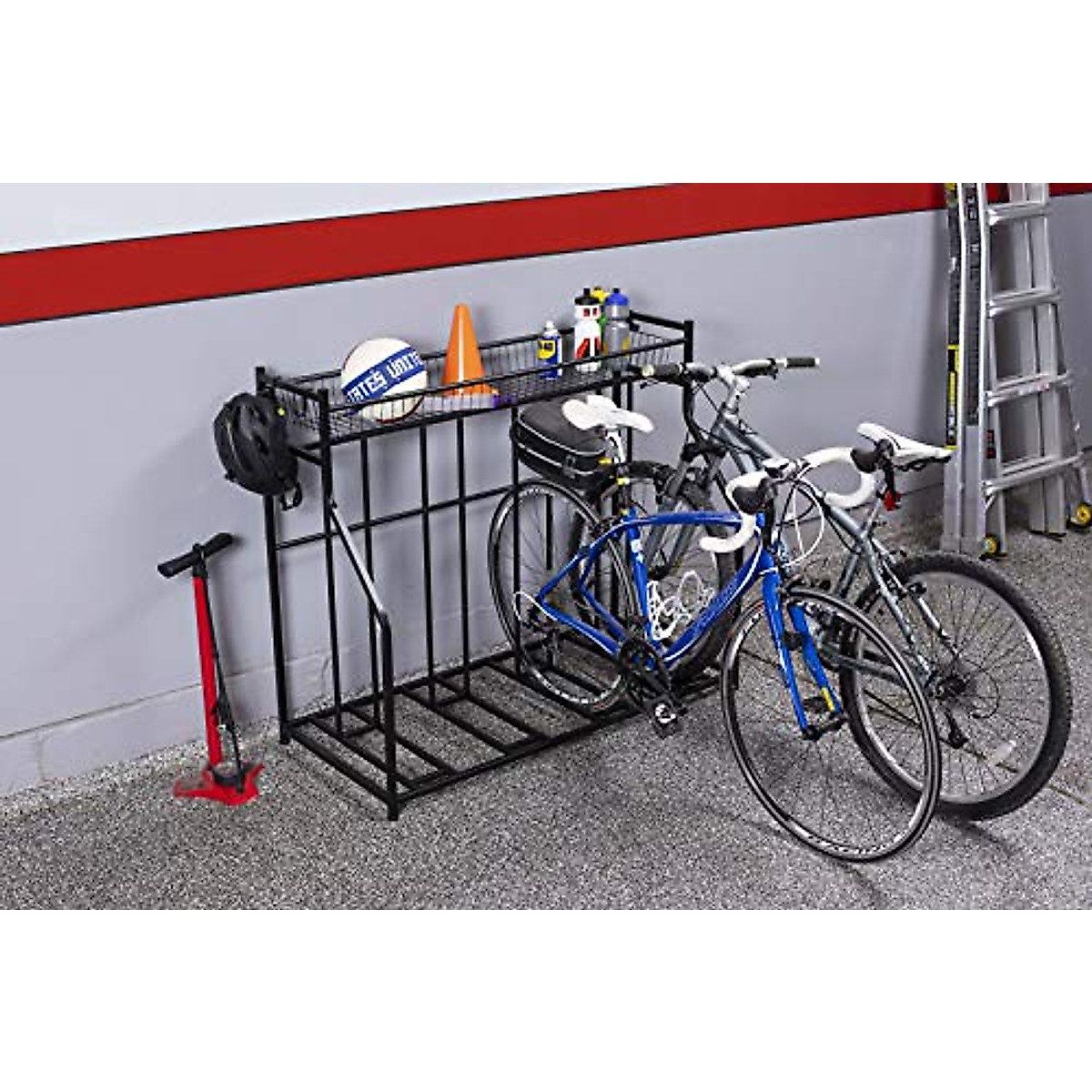 4 Bike Stand Rack with Storage – Great for Parking Road, Mountain, Hybrid or Kids Bikes – Garage Organizer - Helmet - Sports Storage Station - Black