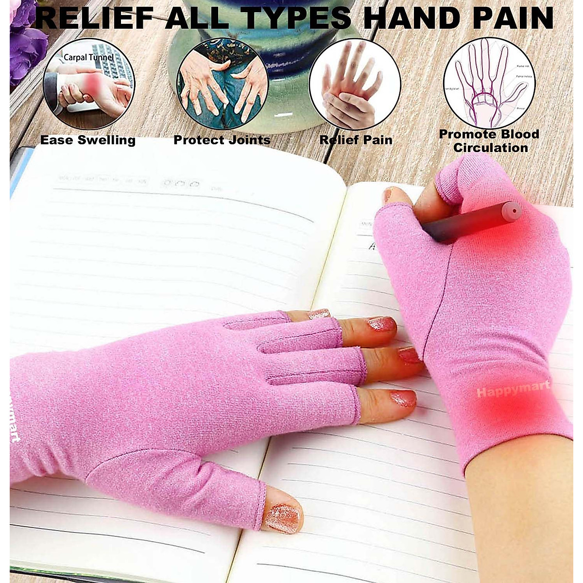 Happymart 2 Pairs Arthritis Gloves, Hand Compression Gloves for Rheumatoid, Pain Relief, Carpal Tunnel, Swelling, Joint Support, Driving Fingerless Gloves for Women Men (Black, Medium)
