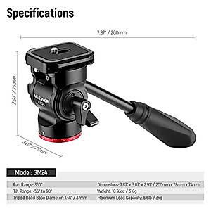 NEEWER Tripod Fluid Head Pan Tilt Head with Arca Type Quick Release Plate and Handle, Metal Panorama Head with Scaled Base (⌀37mm) for Compact Video Camera DSLR Camera, Load up to 6.6lb, GM24 (Red)