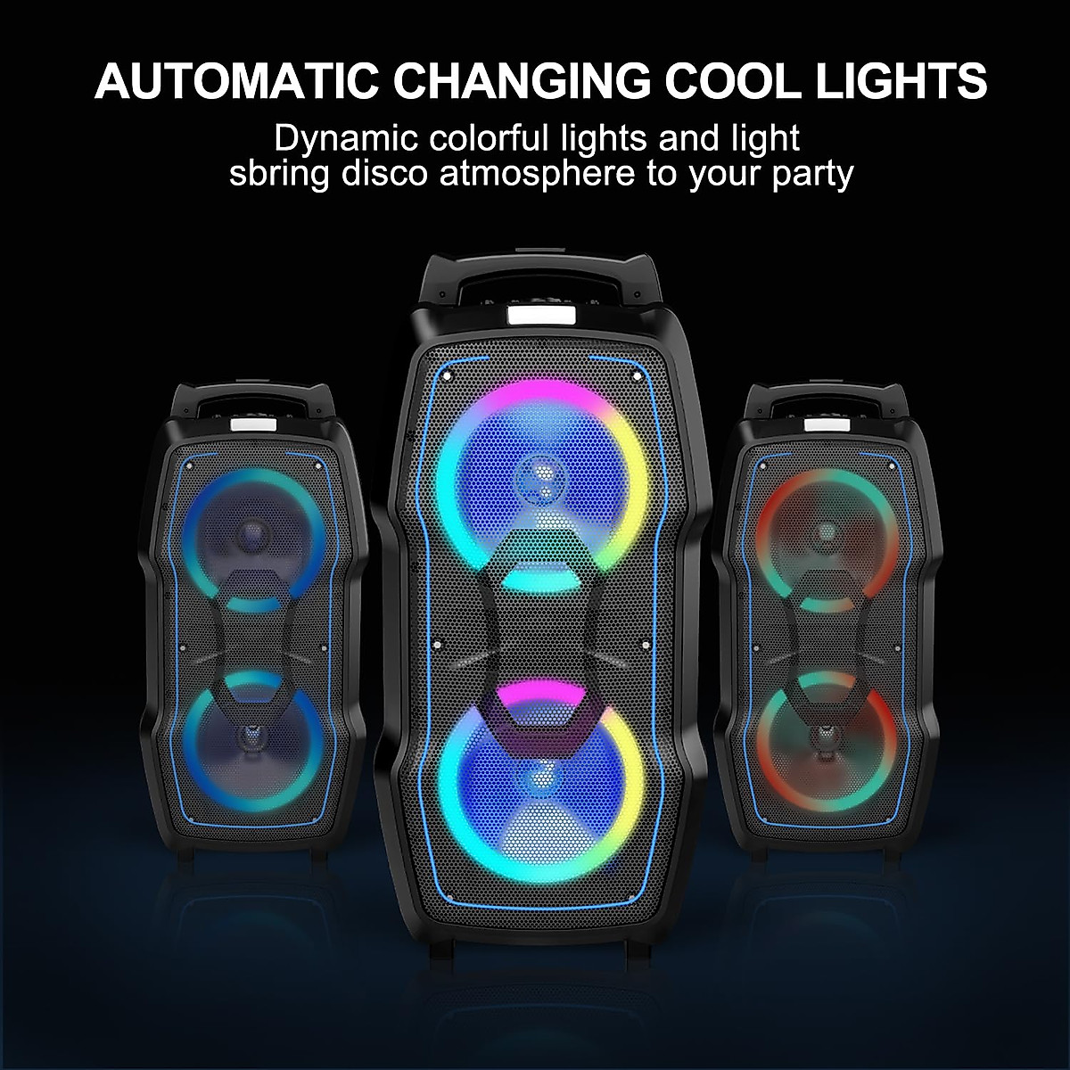 VeGue Karaoke Machine, Wireless Bluetooth PA System for Adults & Kids with Dual 8'' Subwoofers, 2 UHF Wireless Mics, Colorful LED Lights, Ideal for Home Karaoke, Party, Stage Performance (VS-0808)