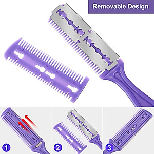 3 Pieces Hair Cutting Comb Set with 10 Razors, Double Edge Razor, Thinning Comb for Slim Haircuts (Green, Purple, Pink)
