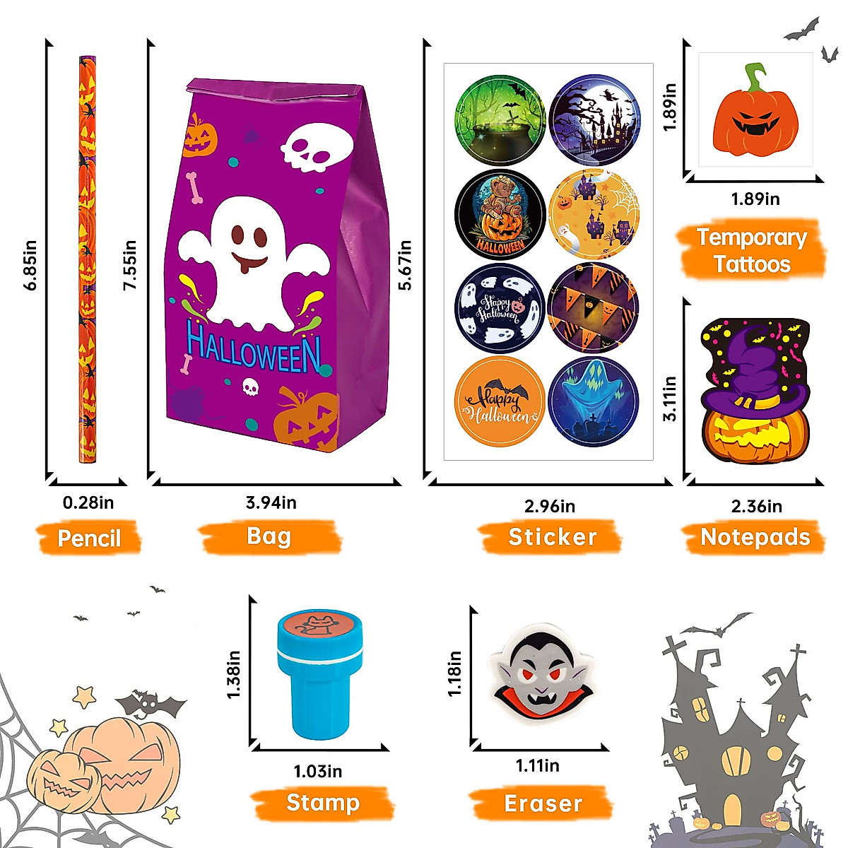 ShyLizard 168PCS Halloween Party Favor Goodie Bag Bulk for Kids, Halloween Stationery Set, Trick or Treat Toys including Pencil, Eraser, Notepad, Stamper, Halloween Bag, Stickers and Temporary Tattoos