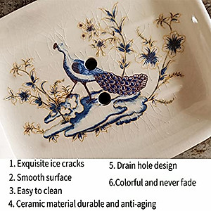 Kelake Ceramic Soap Dish, Ice Crack Ceramic Peacock and Flower Soap Dish Holder for Bathroom, Creative Porcelain Shower Soap Tray Box Bath Accessories with Two Drain Holes