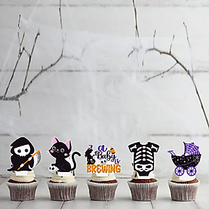 48Pcs Hallooween Cupcake Toppers A Baby is Brewing Cupcake Toppers Halloween Baby Shower Cake Decorations Ghost Pumpkin Cupcake Picks for Happy Hallowwen Boo Baby Shower Birthday Party Supplies