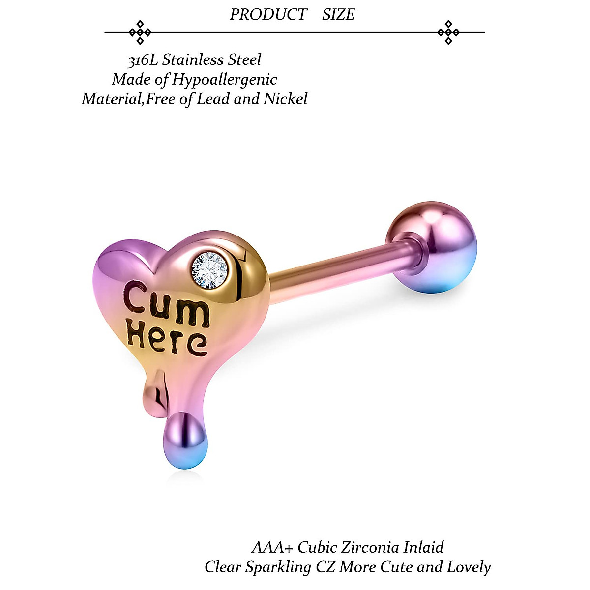 Vsnnsns 14G Tongue Rings for Women Stainless Steel Heart Tongue Rings Skull Tongue Piercing Jewelry Flower Tongue Rings Surgical Steel Tongue Jewelry Barbell Body Piercing Jewelry Rainbow