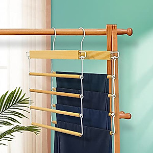 Pants Hangers Space Saving Wood Pant Hangers Multi Functional Pants Rack Non Slip Folding Pant Hangers with 360-Rotating Swivel Hook, for Pants Jeans Scarf Trouser Tie Towel Pack of 2