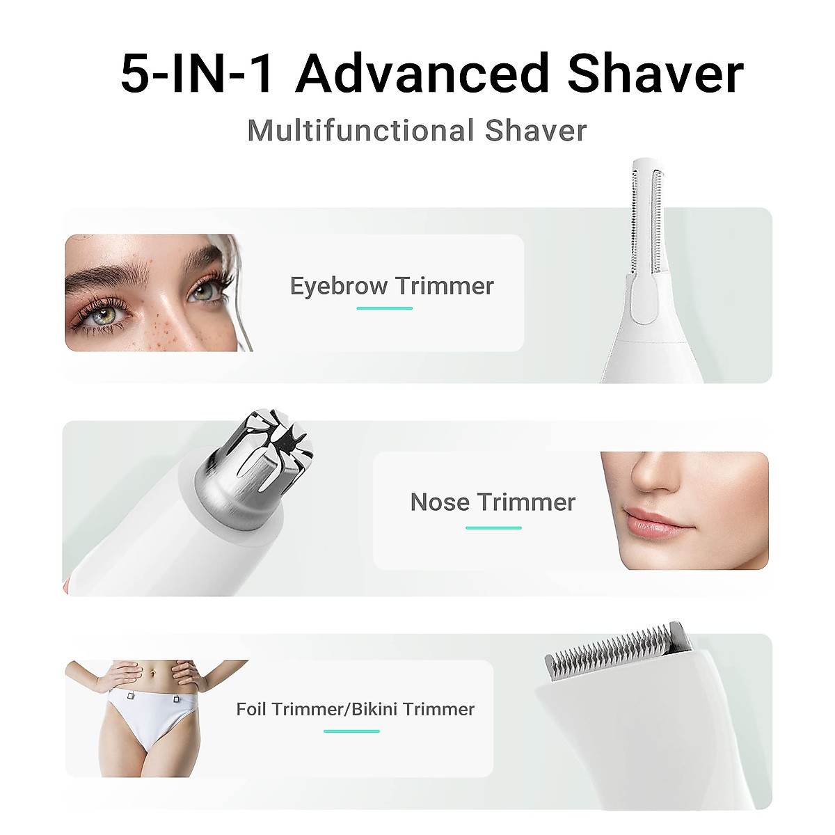 1JUSTLINK Electric Razor for Women, 5 in 1 Body Razor, Eyebrow Razor & Face Razor, USB Rechargeable Mini Foil Shaver for Face Peach Fuzz, Lips, Body, Chin, Arms