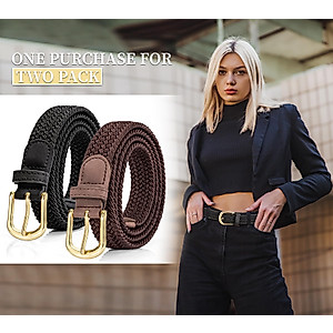 Alphyly Neries 2 Pack Women Plus Size Belt, Woven Elastic Stretch Belt, Brown Braided Belt Women, Black+Brown, For Waist Size 25-36''