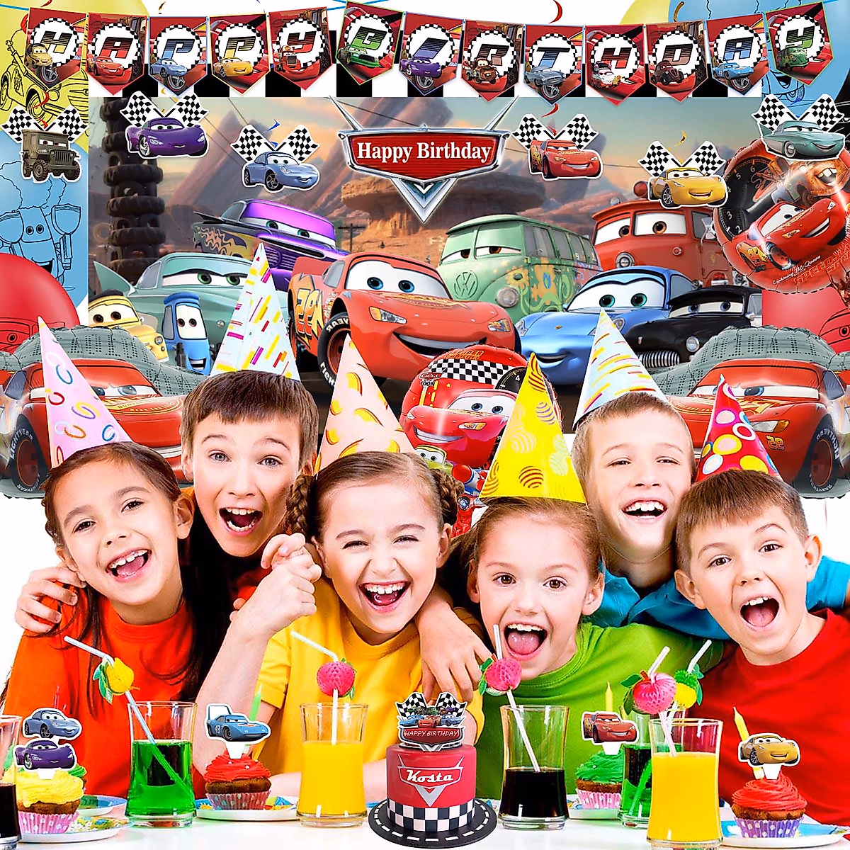 Cars Birthday Party Supplies, Lightning McQueen Birthday Party Supplies Include Banner, Foil Balloons, Backdrop, Cupcake Toppers for Lightning McQueen Cars Birthday Party Favor