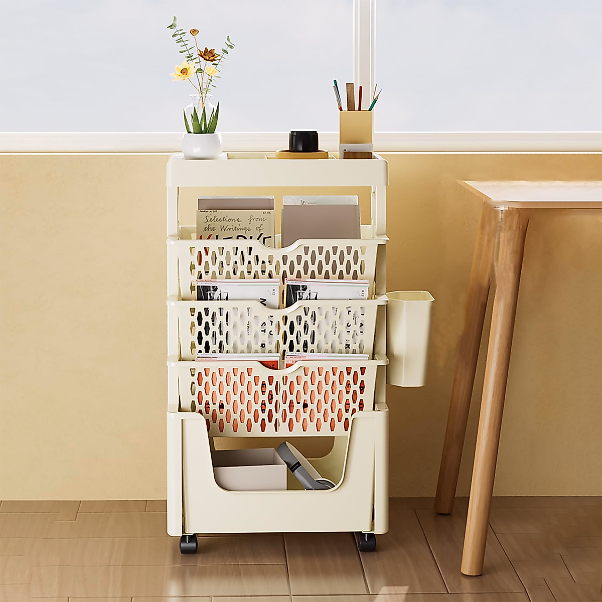 APBATS 5 Tier Removable Movable Bookshelf, Mobile Unique Bookcase, Utility Organizer Khaki Bookshelves with Wheels for Children Students Study in Bedroom Living Room Home School, Big-double-sided