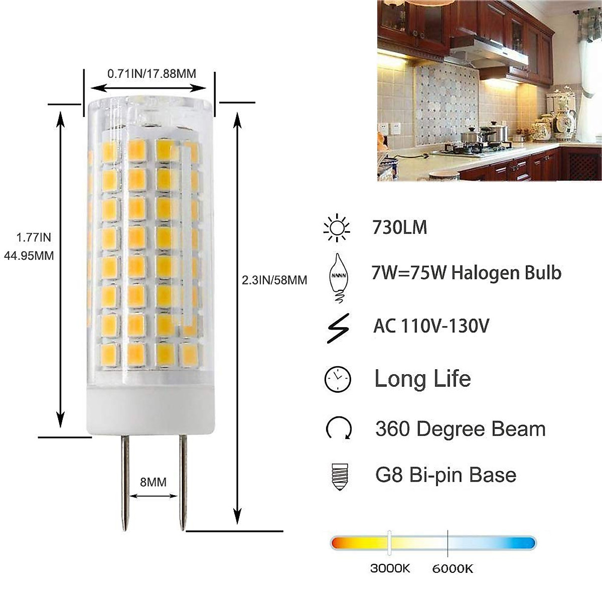 G MGY OLED LED GY8.6 Bulb, 7W T4 G8 LED Bulb, 75W Halogen Bulb Replacement, GY8.6 Bi-pin Base Light Bulb, AC120V, for Under Counter Kitchen Lighting, Light Fitting, 2-Pack (Warm White)