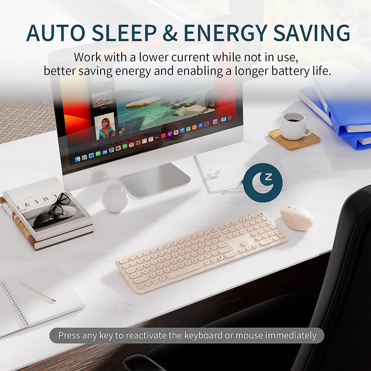 Wireless Keyboard Mouse Combo, 2.4Ghz Aesthetic Quiet Keyboard and Mouse Wireless, 110 Keys Full Size Ultra-Thin Cute Keyboard for Laptop, Computer, PC, Notebook, Windows, Mac OS (Khaki)