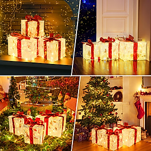 Large Christmas Lighted Present Boxes Decorations, Plug-In Transparent Warm White 76 LED Light Up Gift Boxes Outdoor Indoor for Christmas Tree Yard Home Lawn Holiday Outside Xmas Decor Set of 3