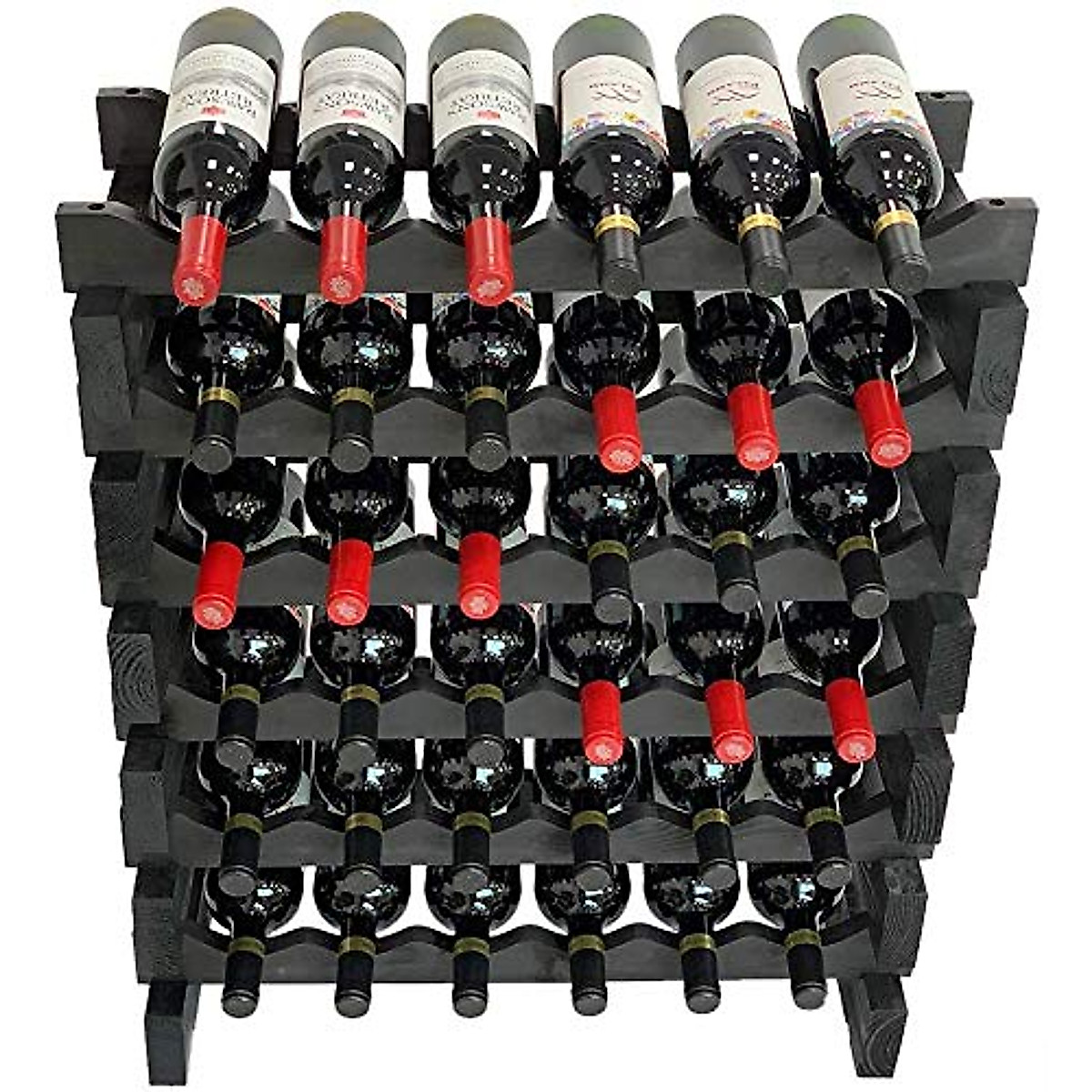 DisplayGifts Modular Stackable Wine Rack Freestanding Wooden Wine Stand Storage Holder, Thick Wood Wobble-Free Natural 36 Bottle Capacity 6 X 6 Rows (Black)