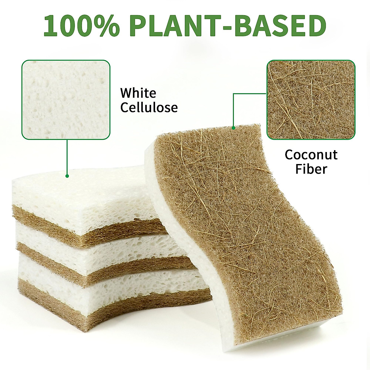 KICKLEEN 9 Pack Biodegradable Natural Kitchen Sponge - Compostable Cellulose and Coconut Walnut Scrubber Sponge - Eco Friendly Sustainable Sponges for Dishes